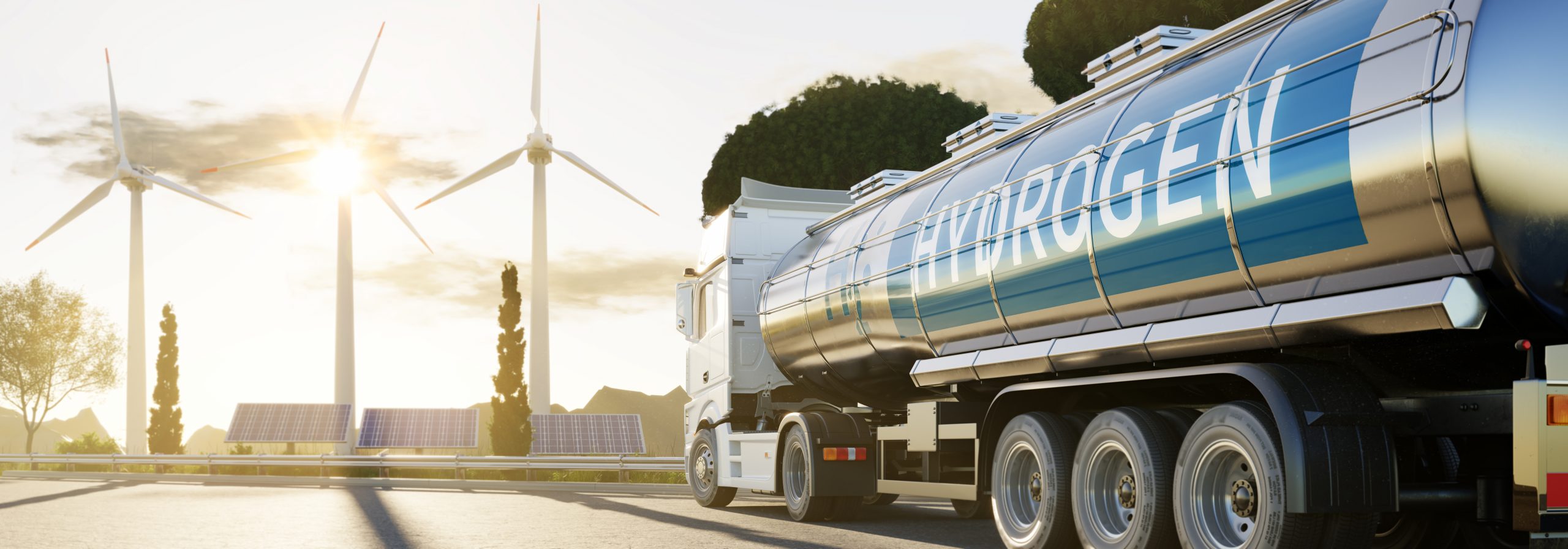 Truck on road with H2 Hydrogen logo. Renewable or sustainable el ...